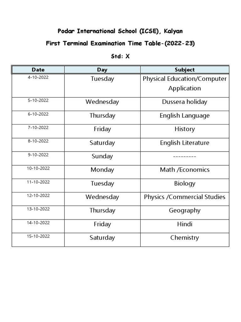 Revised Term 1 Time Table STD X | PDF