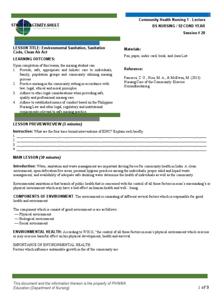 CHN1 Lec Session #20 SAS | Download Free PDF | Sanitation | Air Pollution