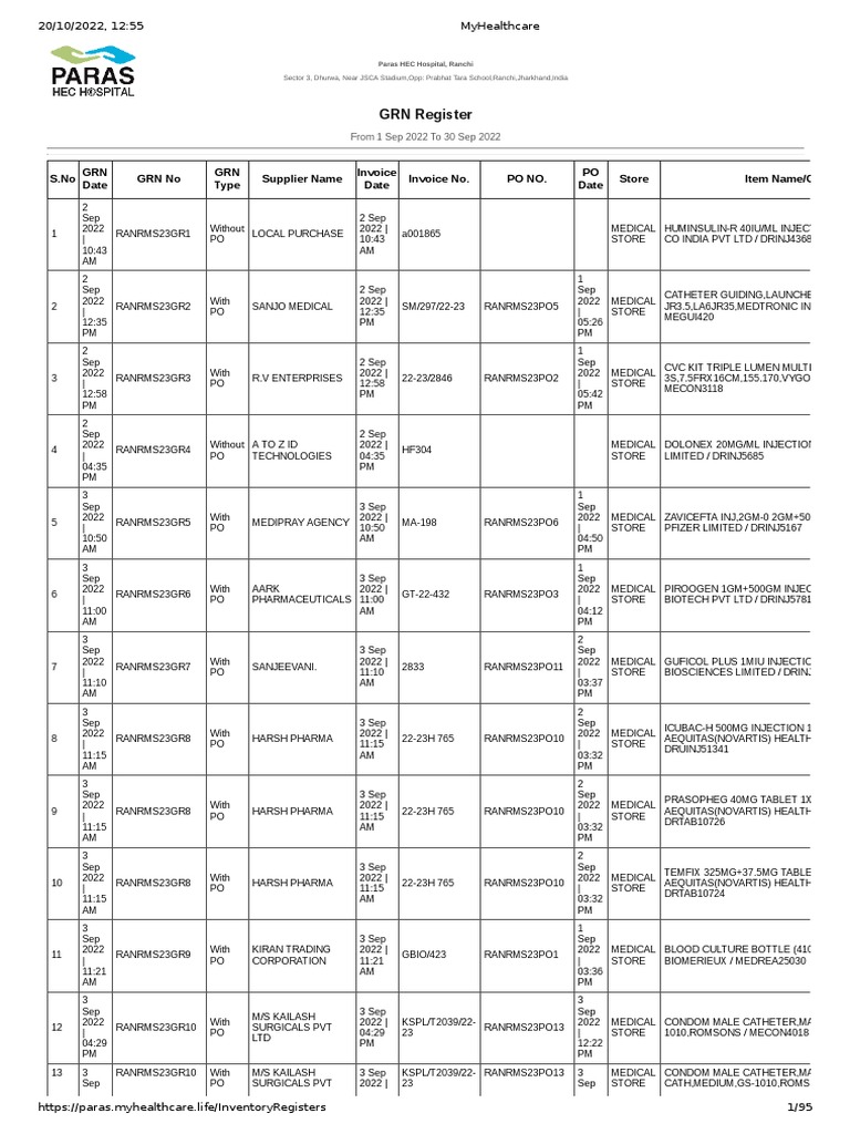 Monthly GRN Register for Paras HEC Hospital from September 1st to 30th ...
