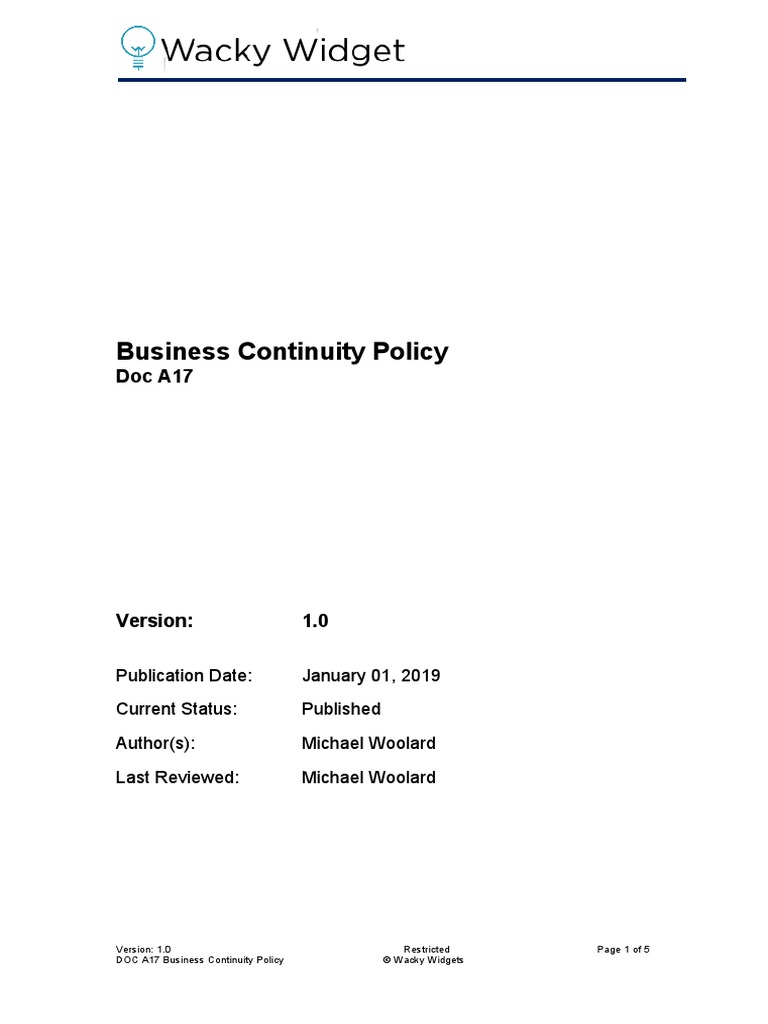 A17 Business Continuity Policy v1 | PDF | Risk | Disaster Recovery