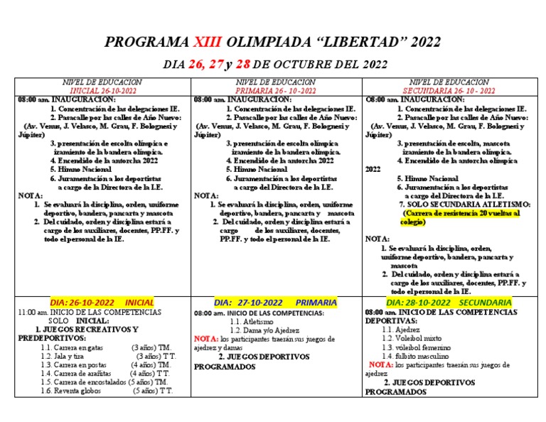 Programa General Xiii Olimpiada 2022.......... 1 | PDF | Eventos deportivos múltiples | Juegos ...