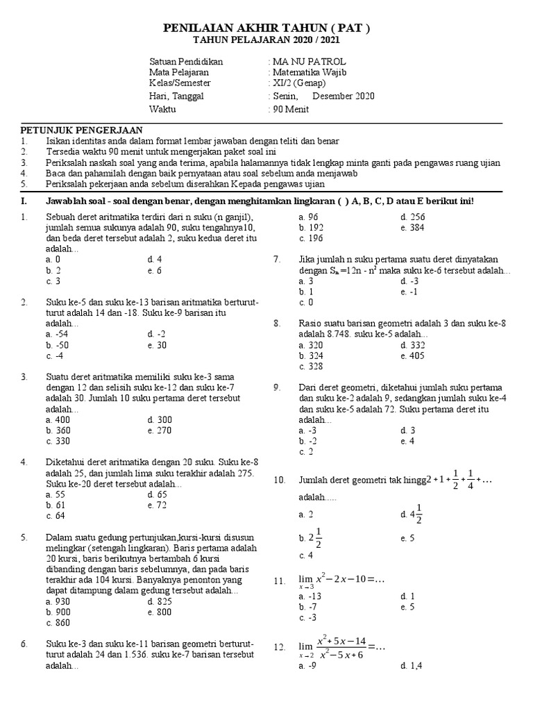 Soal PAT Matematika Wajib Kelas XI | PDF | Metode & Bahan Ajar Soal PAT Matematika Wajib Kelas XI | PDF | Metode & Bahan Ajar
