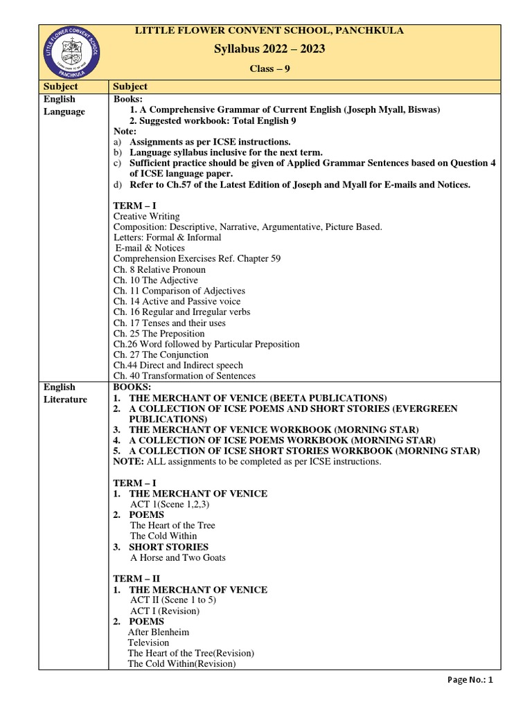 LITTLE FLOWER SYLLABUS 2022-23 | PDF | English Language | Chemistry