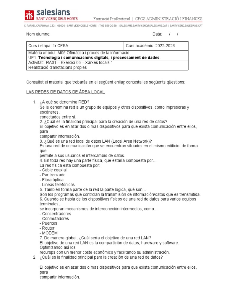 M05 UF01 Activitat APUNTS 5 Xarxes Locals 1 | PDF | Red de computadoras | Ethernet
