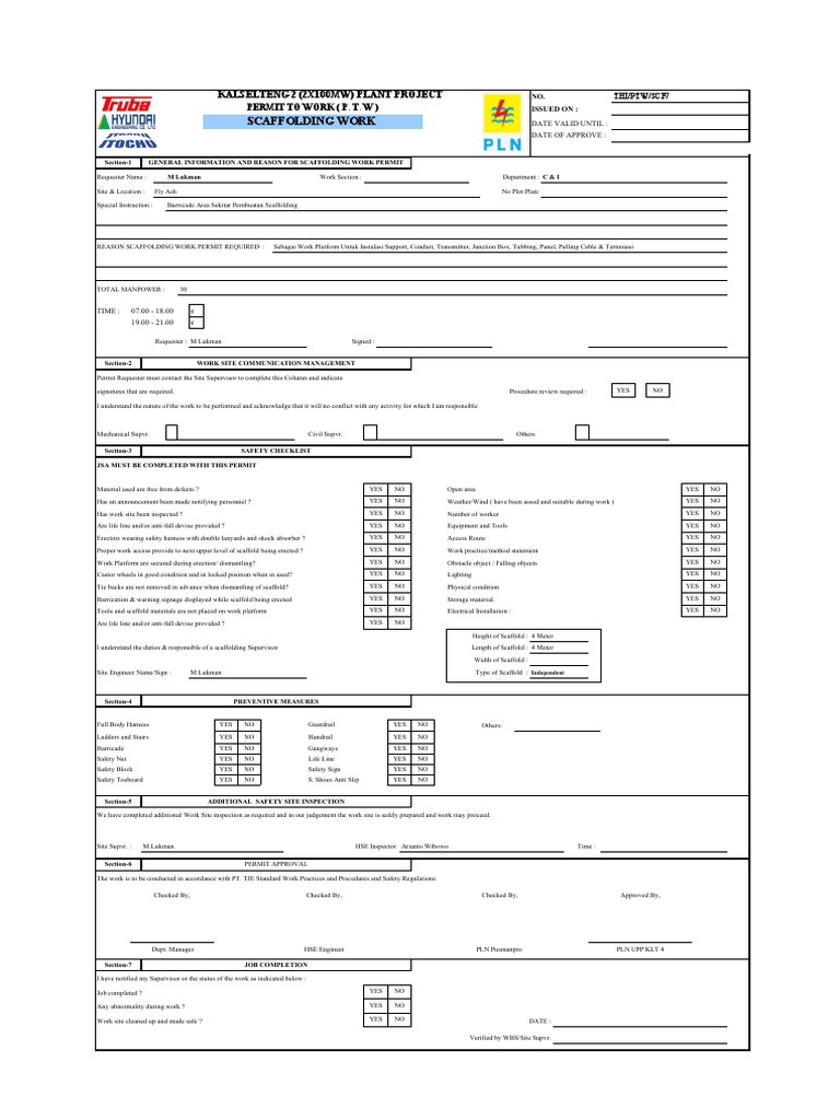 Scaffolding Work Permit New FORM | PDF | Scaffolding | Safety