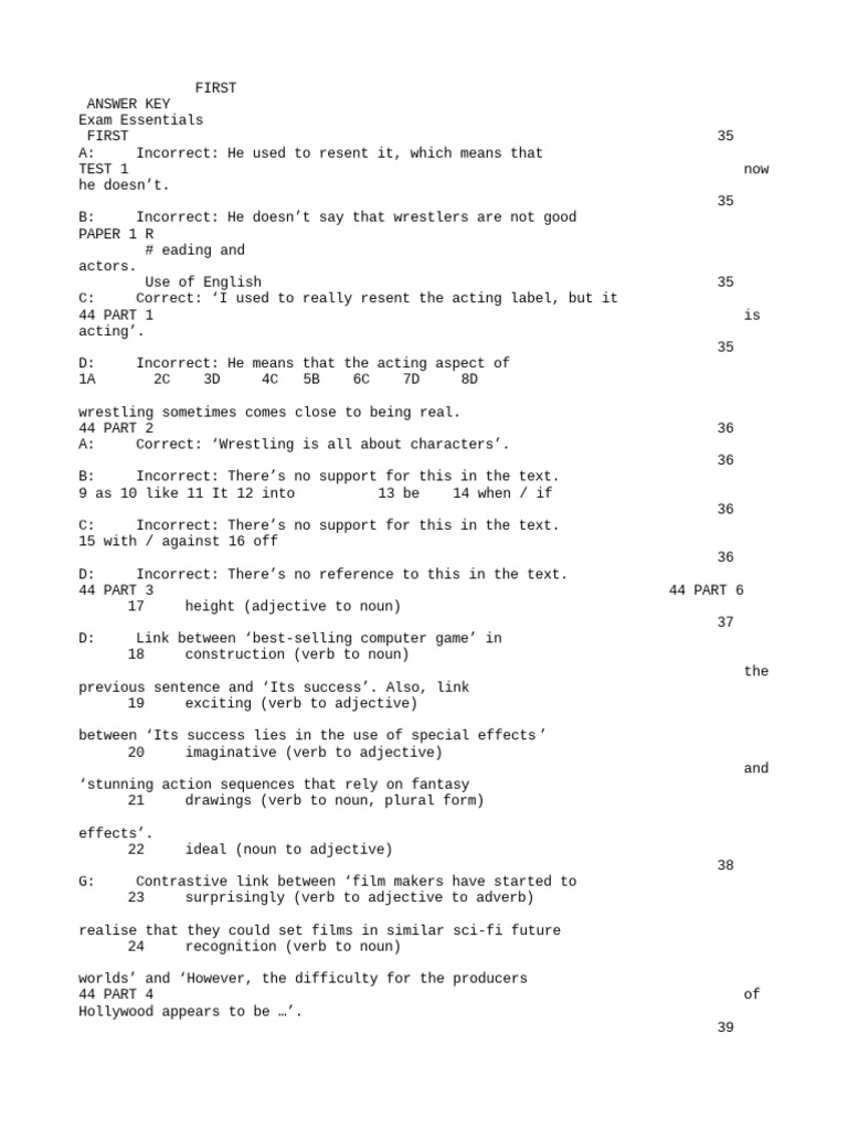 FIRST ANSWER KEY EXAM ESSENTIALS TEST 1 | PDF | Verb | Adjective