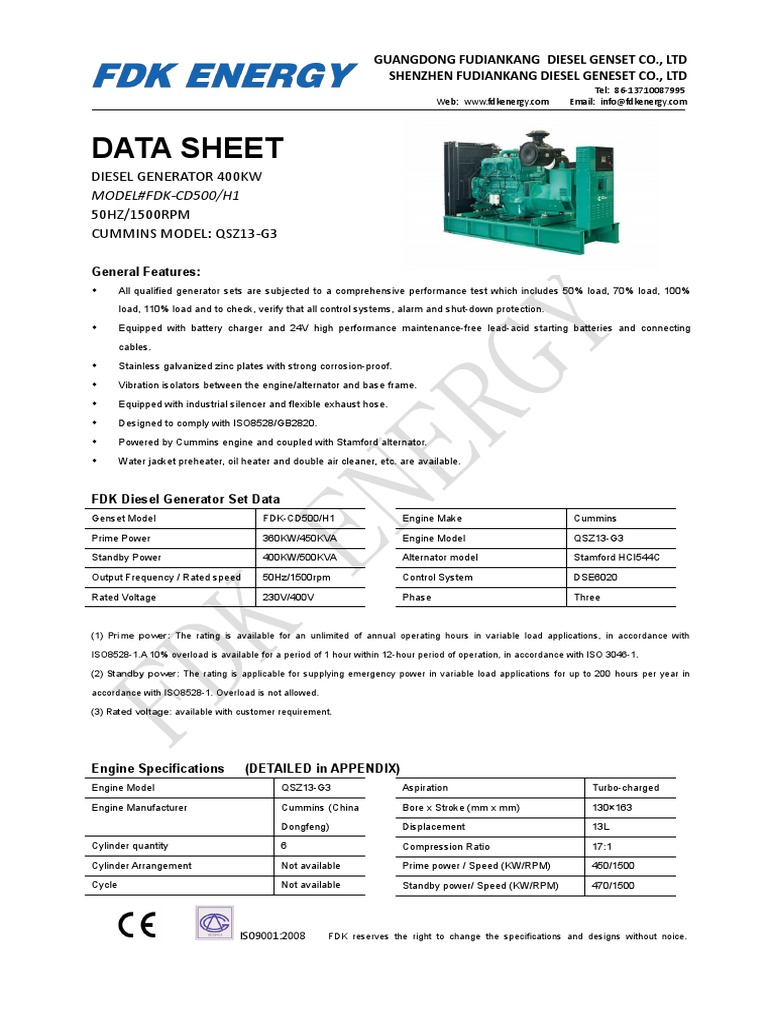Data Sheet: Diesel Generator 400Kw 50HZ/1500RPM Cummins Model: Qsz13-G3 ...