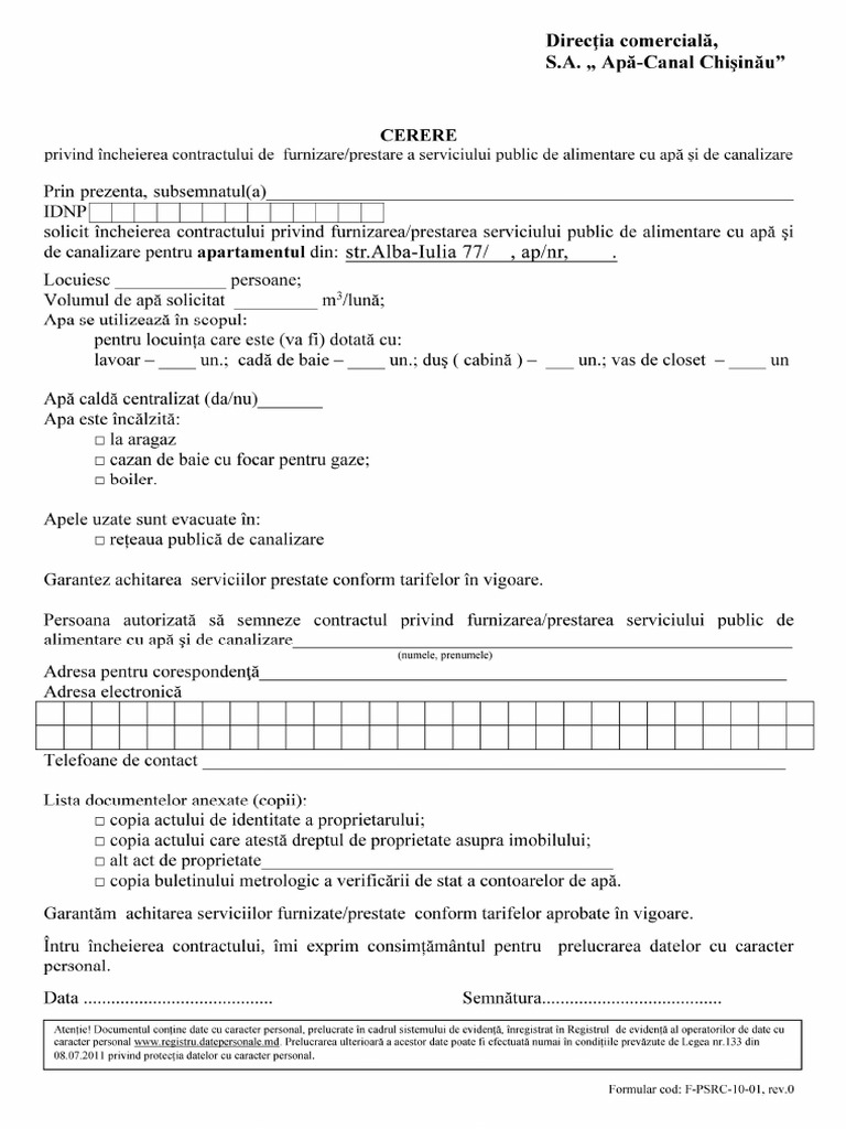 Model Cerere Catre S.A, Apă Canal Chișinău | PDF