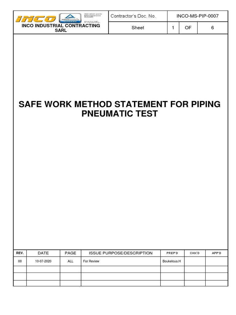 Inco-Ms-Pip-0007-Safe Work Method Statement For Piping Pneumatic Test ...