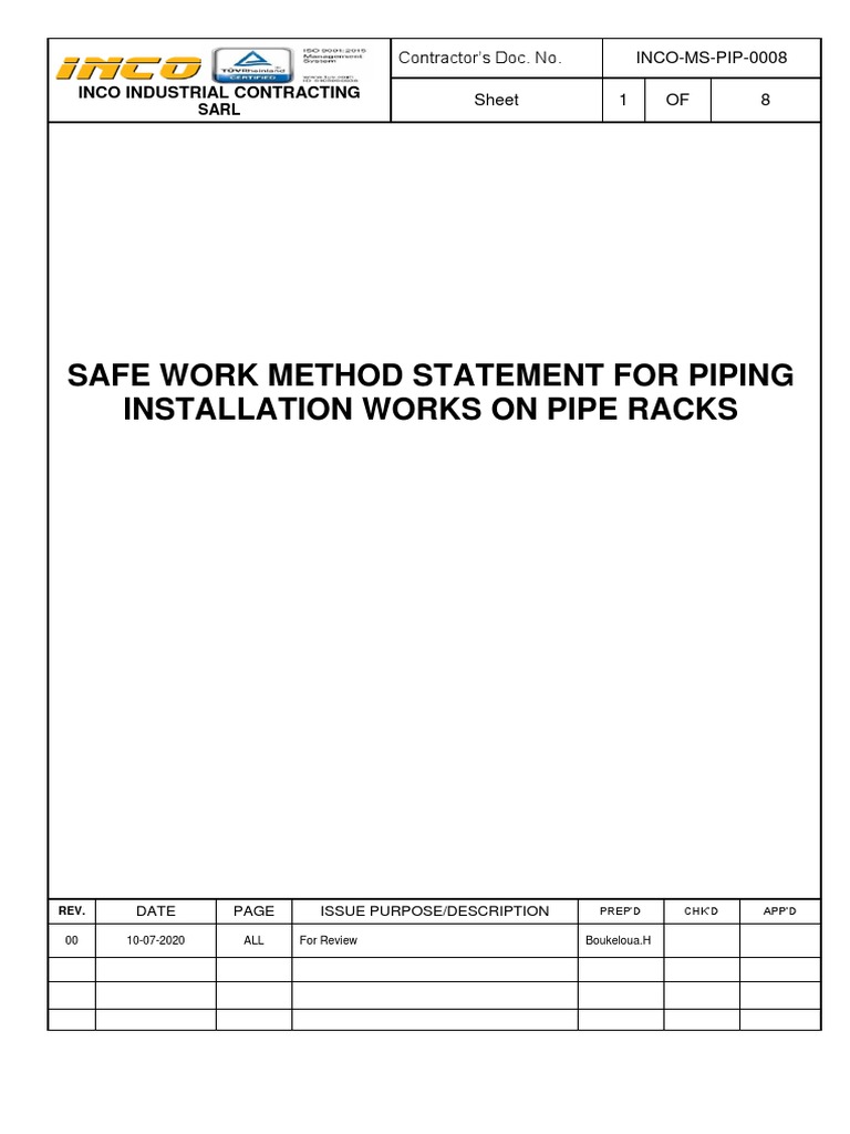 Inco-Ms-Pip-0008-Safe Work Method Statement For Piping Installation Works On Pipe Racks | PDF ...