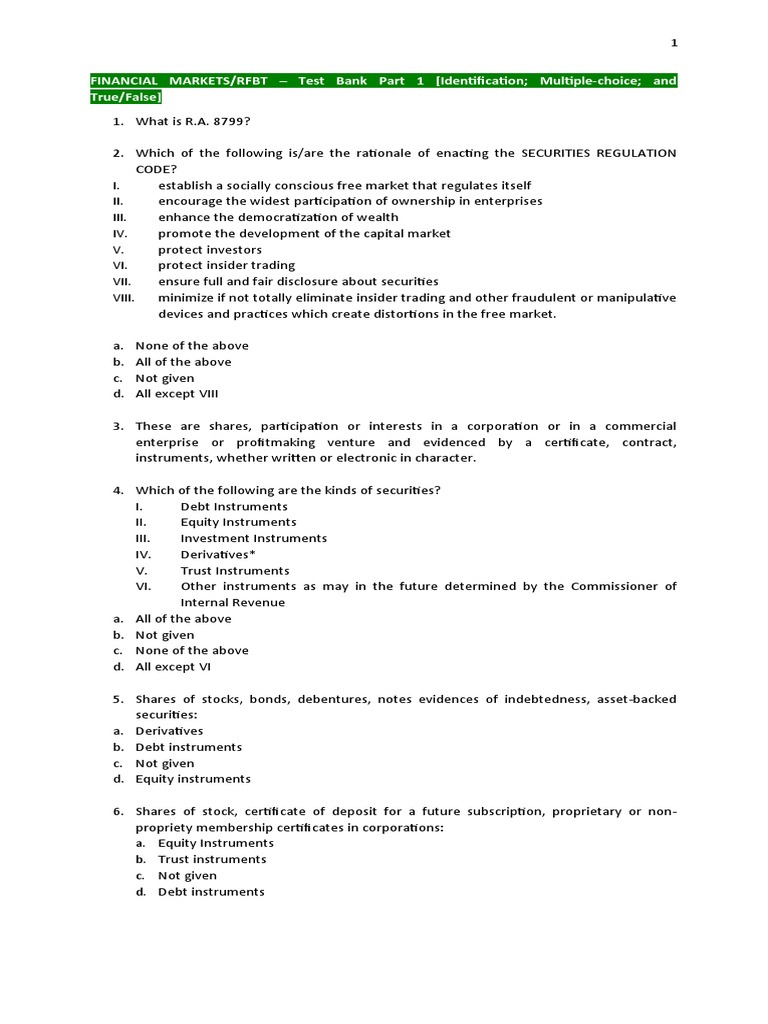 FINANCIAL MARKETS Test Bank 1 | PDF | Securities (Finance) | Banks