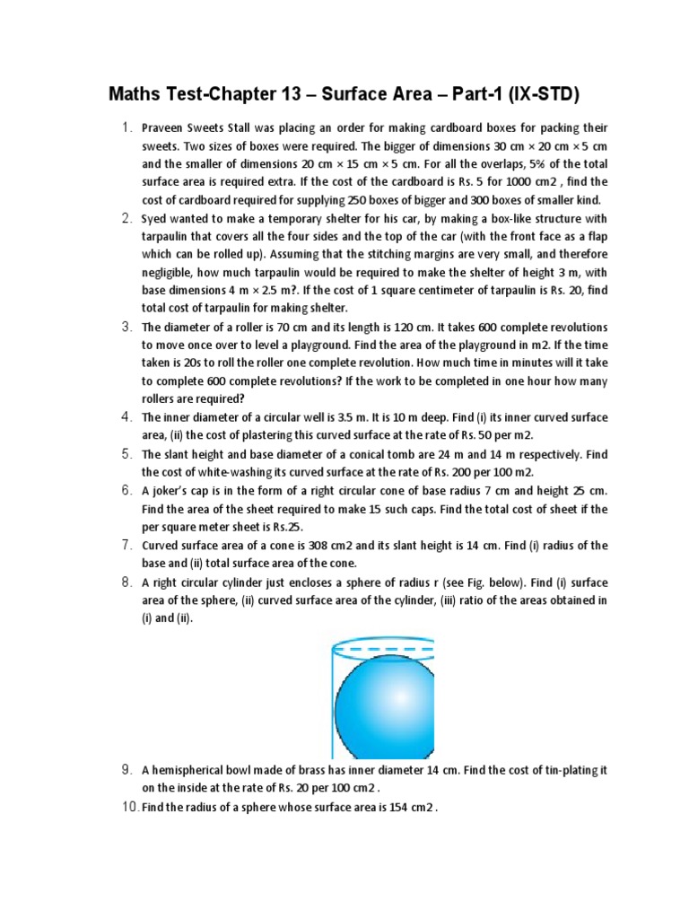 Maths Test-Chapter 13 - Surface Area - Part-1 | PDF | Sphere | Area