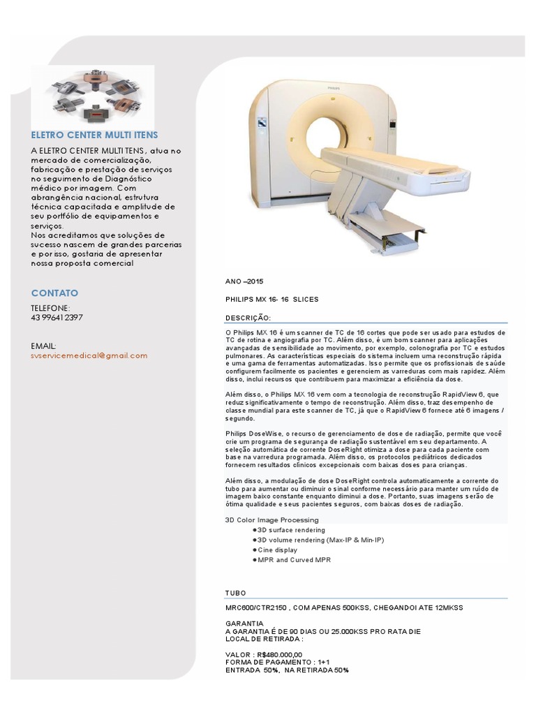 Oferta detalhada de um scanner de tomografia computadorizada Philips MX ...