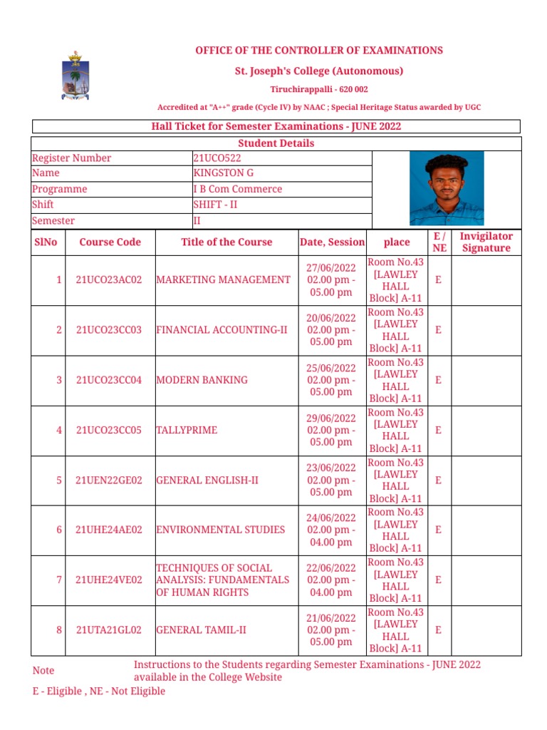 Office of The Controller of Examinations - Hall Ticket - Download-1 ...