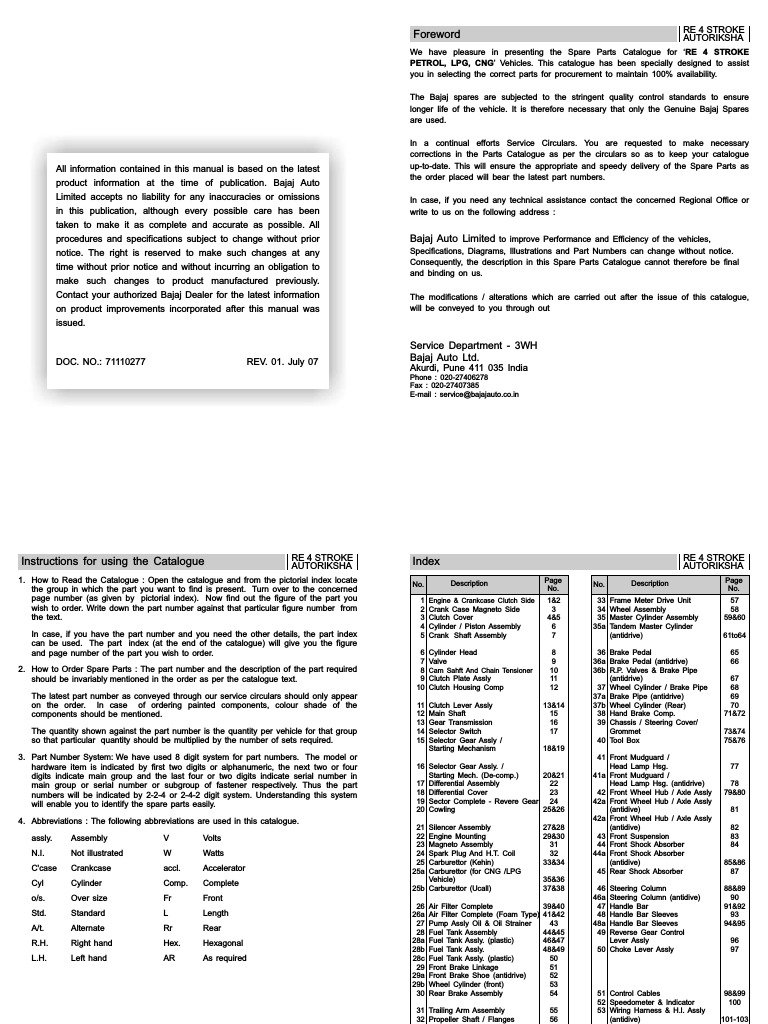 2008 Bajaj Auto Rickshaw Re 4 Stroke Parts Manual | PDF | Axle | Steering