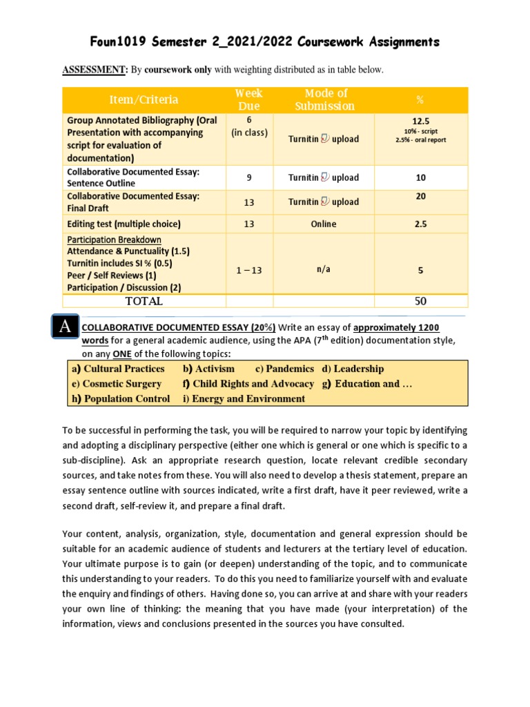 Foun 1019 Course Assignments - Sem 2 - 2021-22 - Final | PDF | Turnitin | Essays