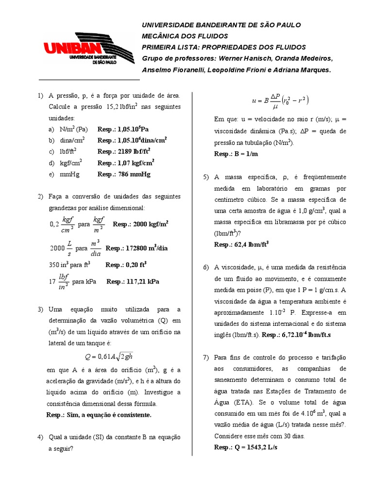 Primeira Lista MecFlu 2007 | PDF | Petróleo | Viscosidade