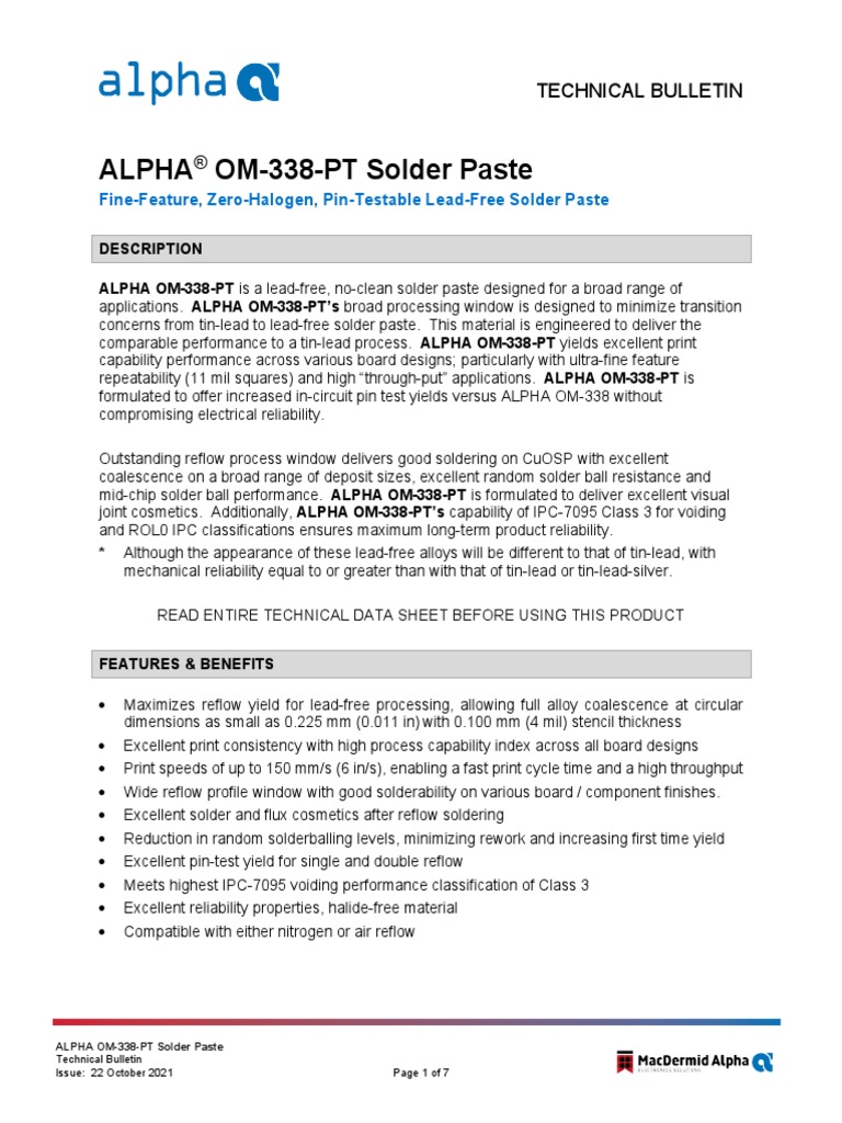 ALPHA OM 338 PT Solder Paste EN 22oct21 TB | PDF | Solder | Soldering