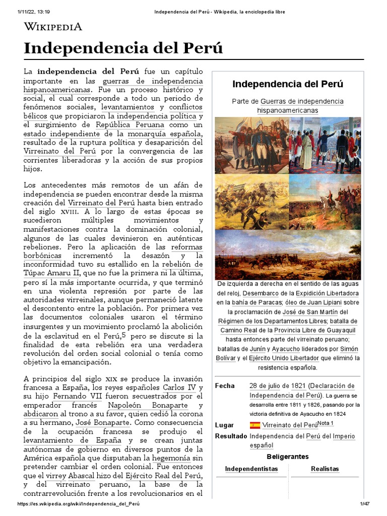 Independencia Del Perú - Wikipedia, La Enciclopedia Libre | PDF | Perú ...