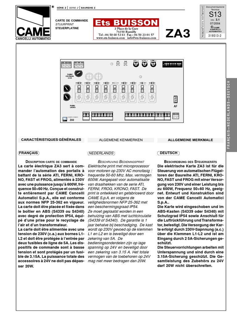 CAME ZA3 Notice | PDF | Interrupteur | Puissance (physique)