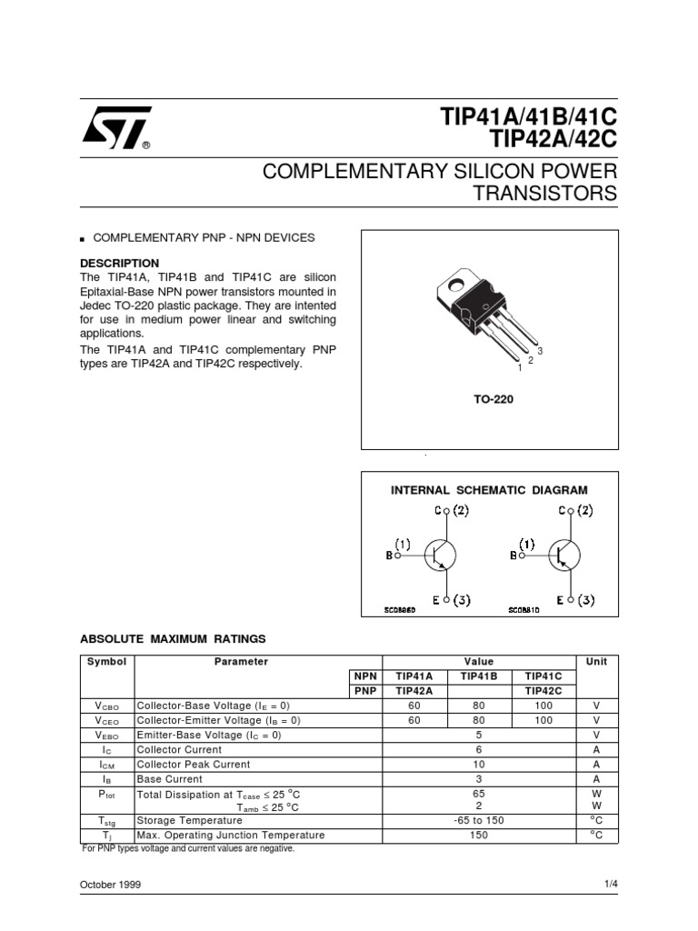 TIP41A/41B/41C TIP42A/42C: Complementary Silicon Power Transistors | PDF | Bipolar Junction ...