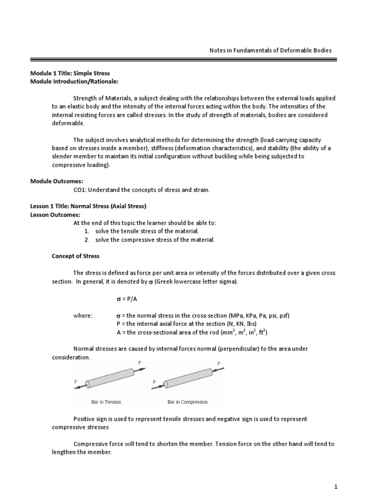 Module 1 Simple Stress | PDF | Stress (Mechanics) | Strength Of Materials