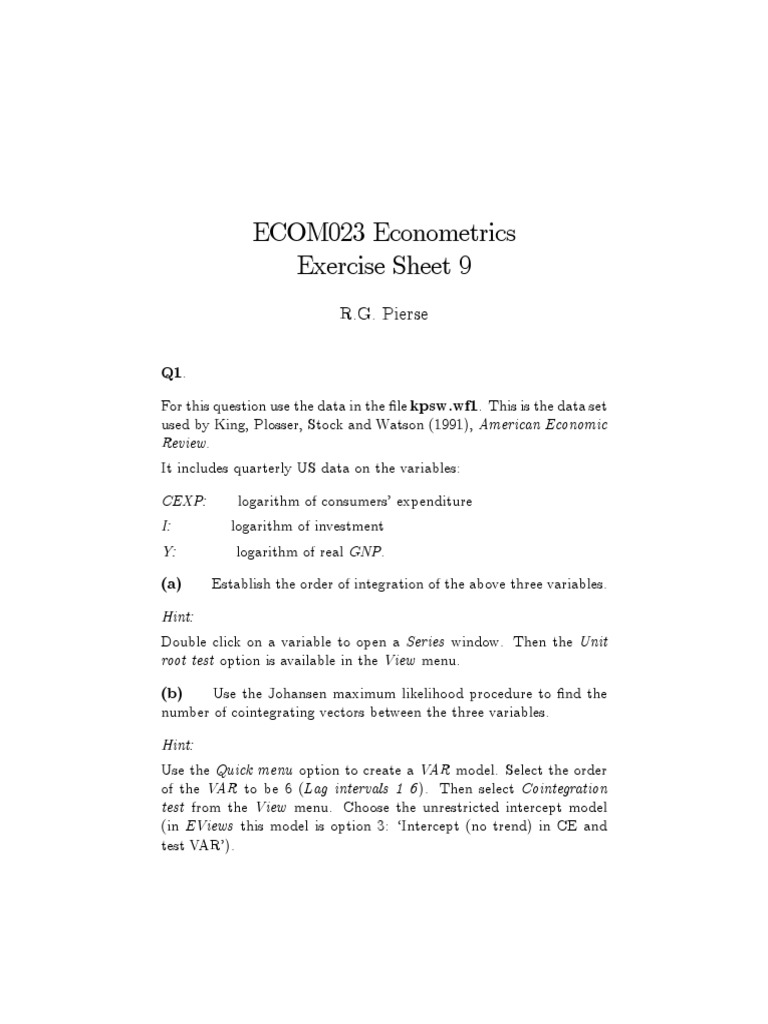 ECOM023 Econometrics Exercise Sheet 9: R.G. Pierse | PDF