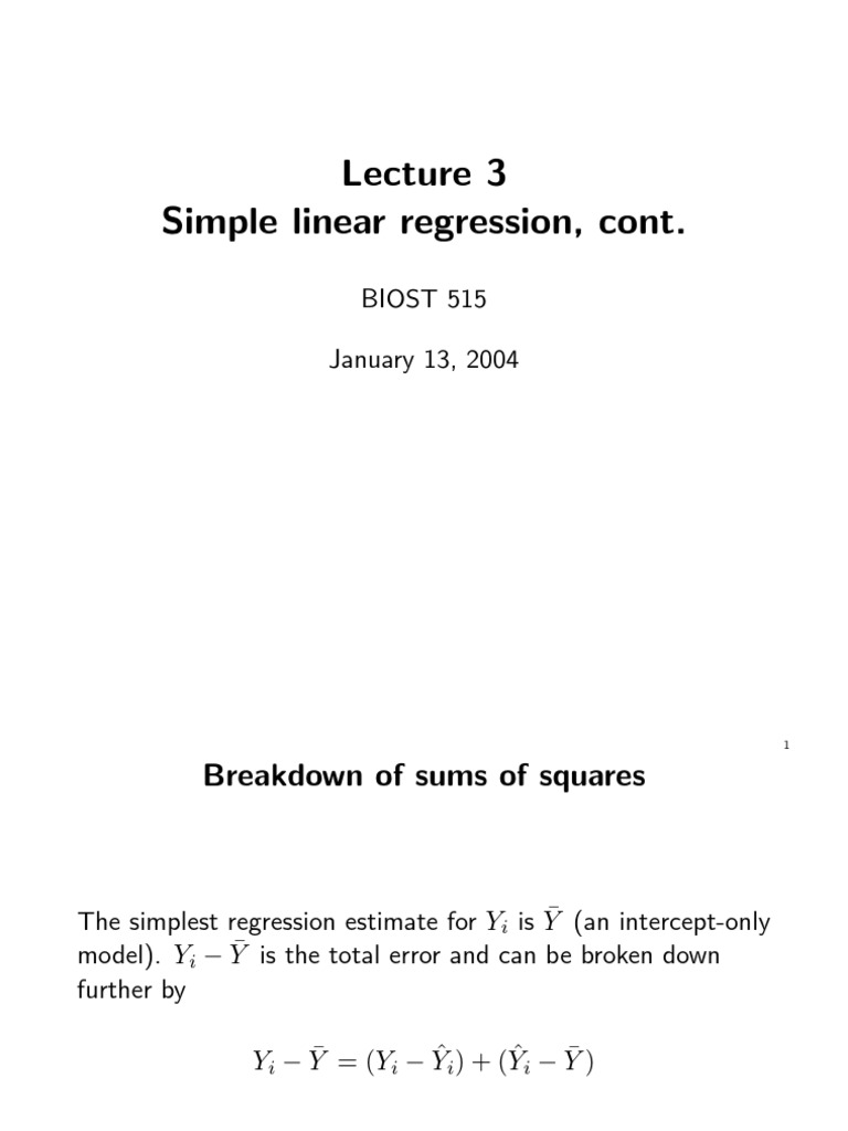 Simple Linear Regression, Cont.: BIOST 515 January 13, 2004 | PDF | Errors And Residuals ...