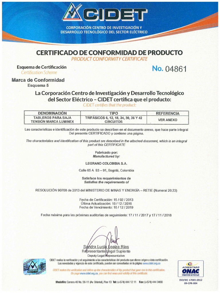 Certificado Cidet Tablero (Vencido) | PDF