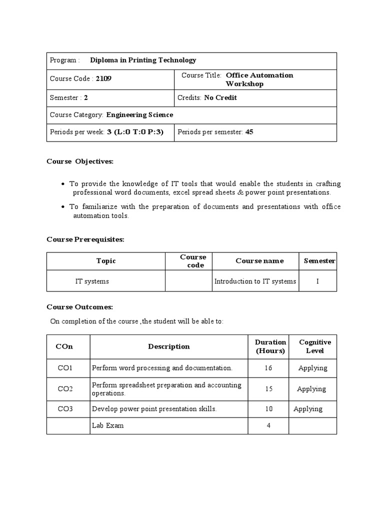 Office Automation Workshop Syllabus | PDF | Microsoft Excel | Spreadsheet