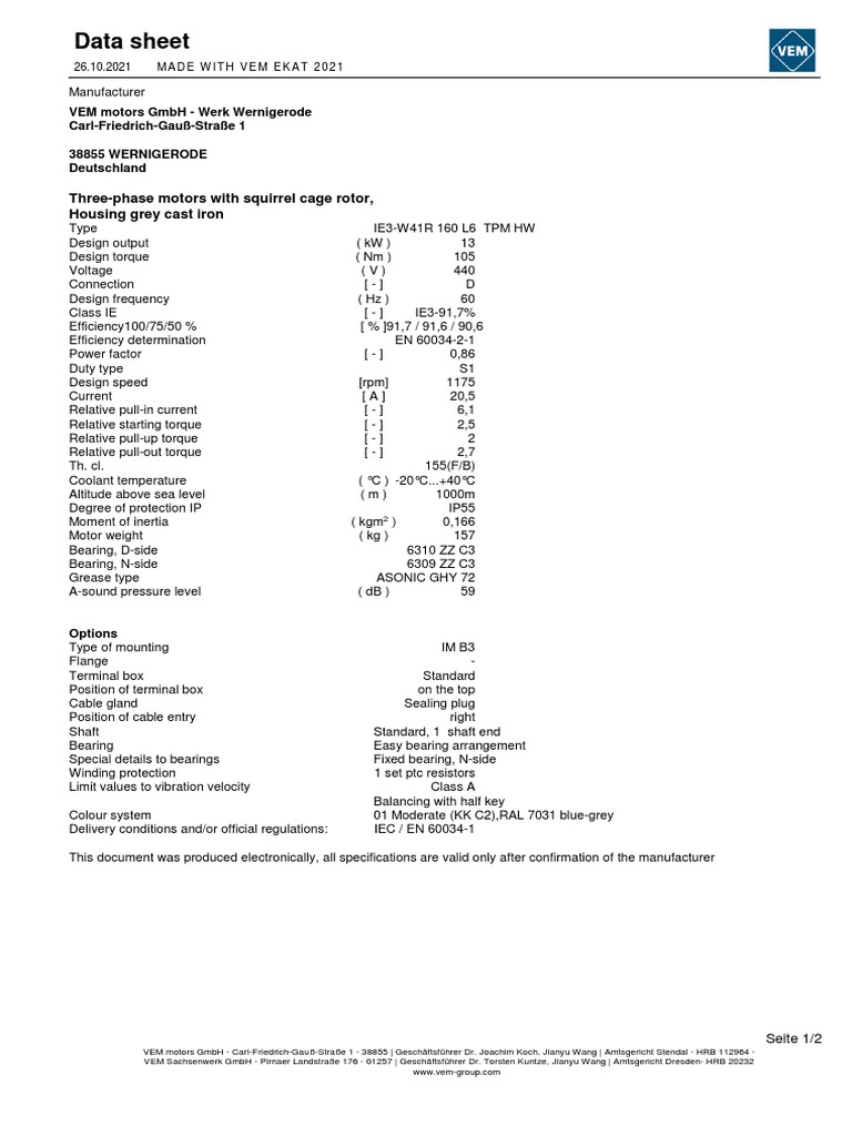 Ie3-W41r 160 l6 TPM HW | PDF | Electric Motor | Physical Quantities