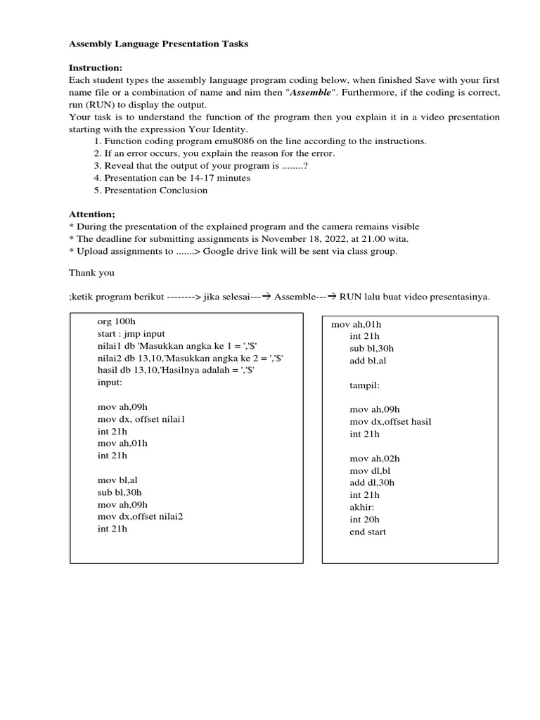 TUGAS BAHASA RAKITAN (Assembly Language Presentation Tasks) | PDF