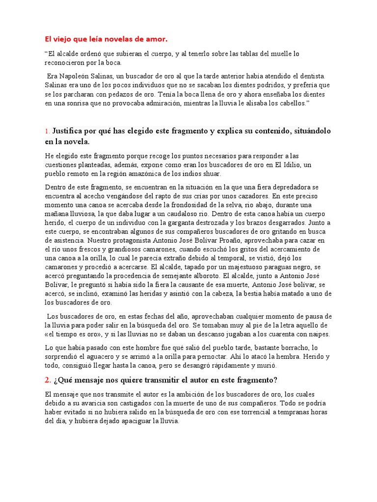 El Viejo Que Leía Novelas de Amor - Analisis | PDF | Poesía