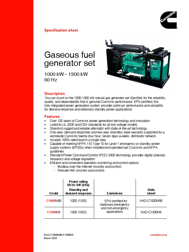 NAS-C1000N6B-C1300N6 GenSet Specification Sheet | Download Free PDF ...