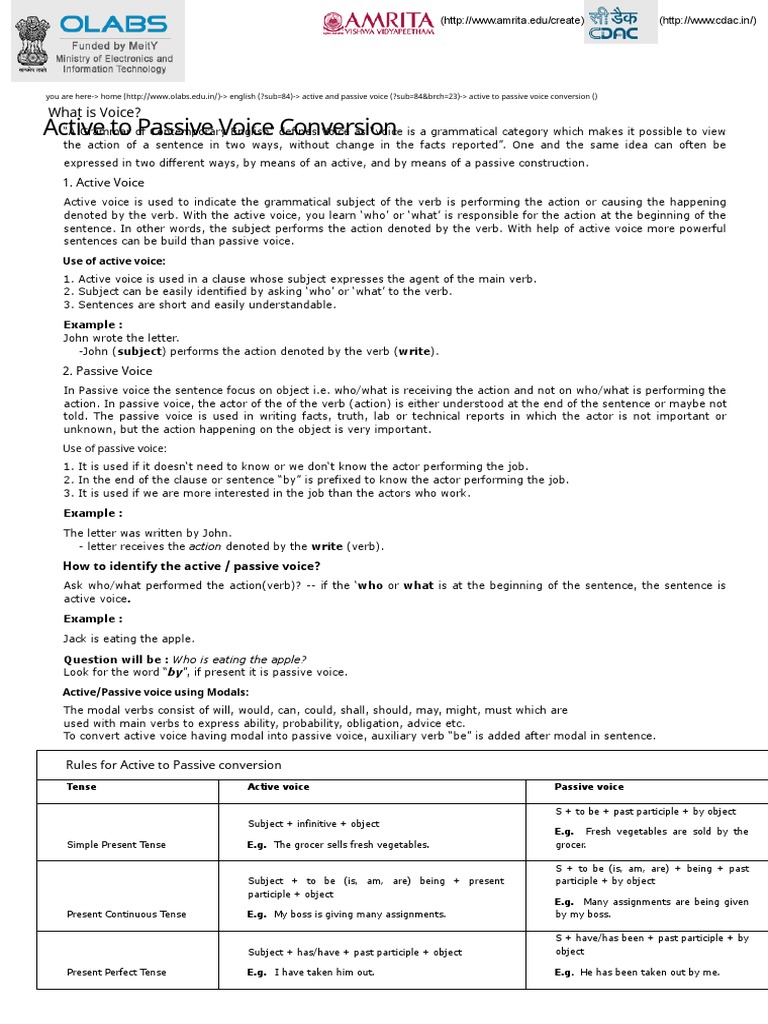 Active To Passive Voice Conversion | PDF | Verb | Grammatical Tense