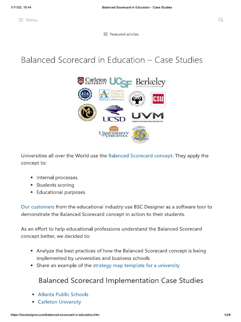 Balanced Scorecard in Education - Case Studies | PDF