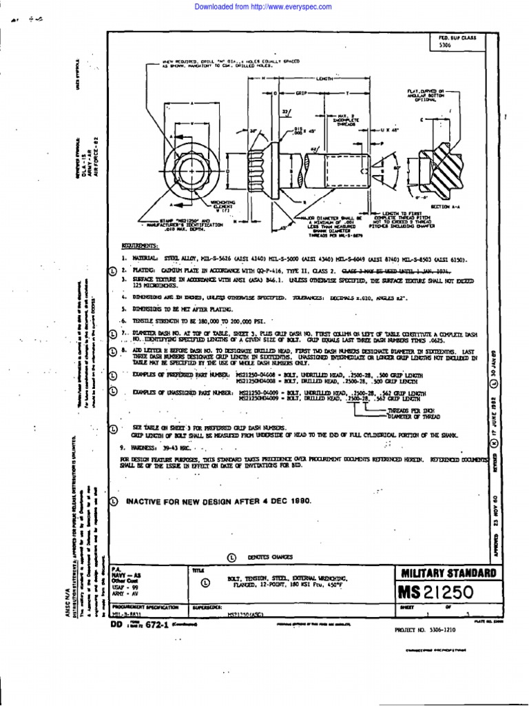 Nasm21250 (MS21250, Nas624 .. Nas644) | PDF | Screw | Building Materials