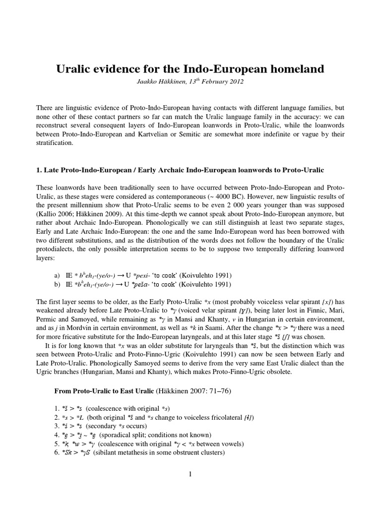 Uralic Evidence For The Indo European Homeland | PDF | Ethnicity ...