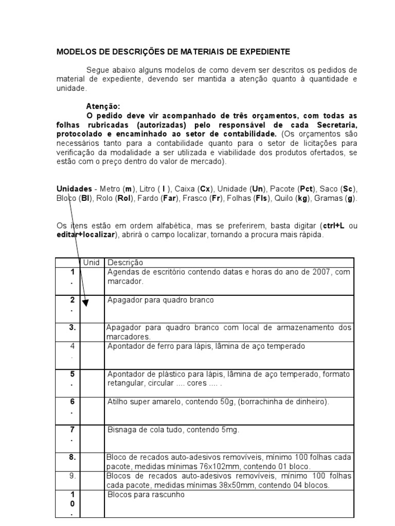 Modelo de Descricao de Material de Expediente | PDF | Caneta | Cor