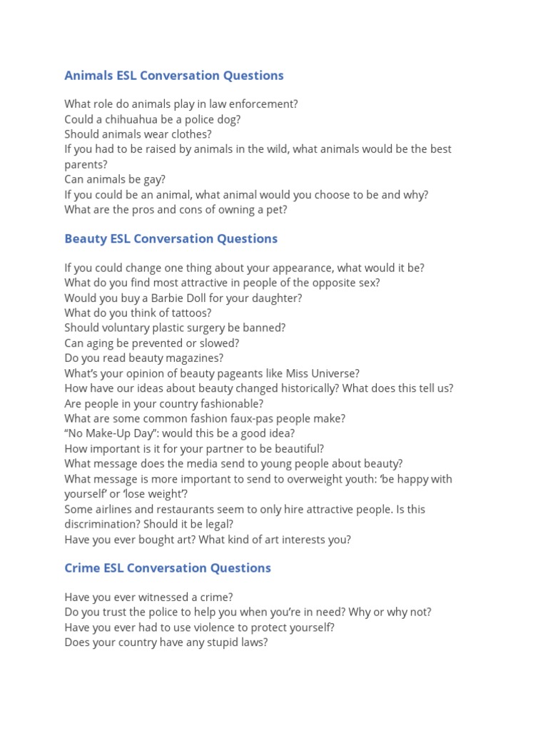 ESL Conversation Questions on Various Topics | PDF | Capital Punishment ...
