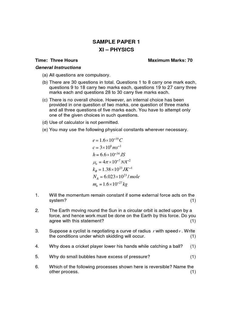 Class 11 Physics Sample Paper | PDF | Gases | Kinetic Energy