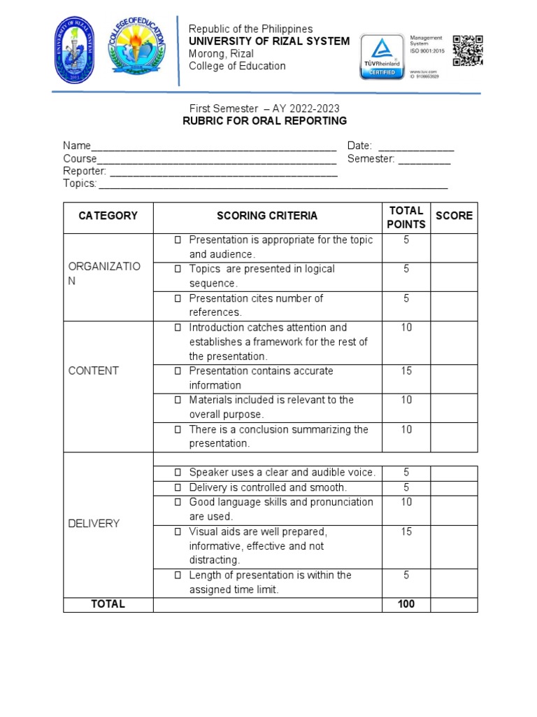 Rubric In Oral Reporting Pdf