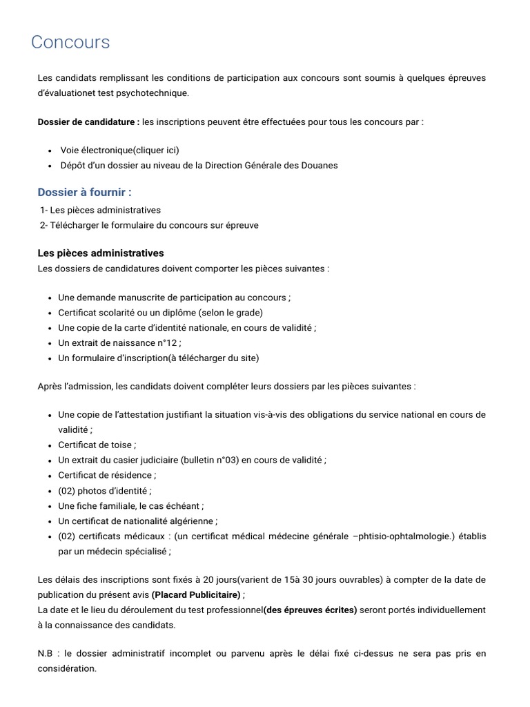 Conditions et Dossier Concours Douanes | PDF