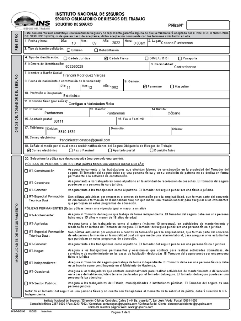 D0190 Solicitud de Póliza Seguro de Riesgos Del Trabajo Fran | PDF ...