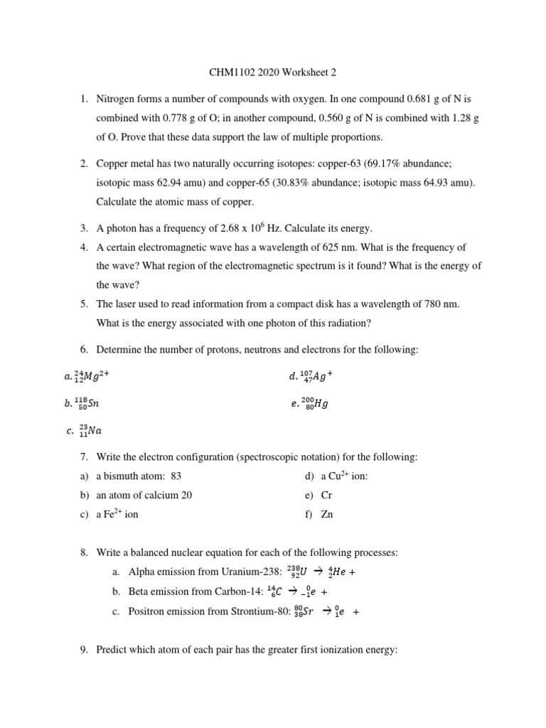 CHM 1102 Worksheet 2 2021 | PDF | Radiation | Atoms