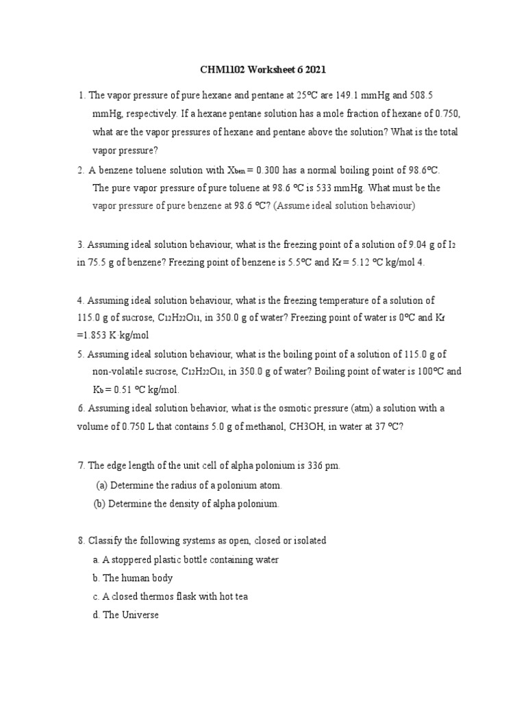 CHM 1102 Worksheet 6 2021 | PDF | Water | Melting Point