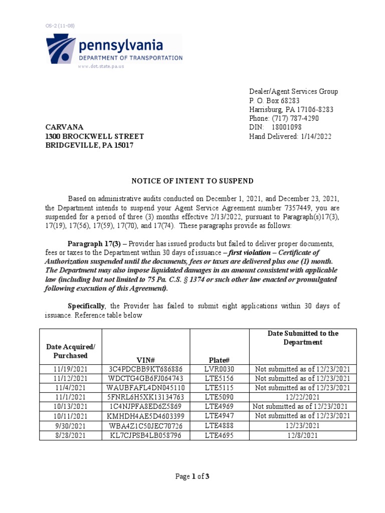 Carvana - Bridgeville - Notice of Intent To Suspend | PDF | Public Law ...