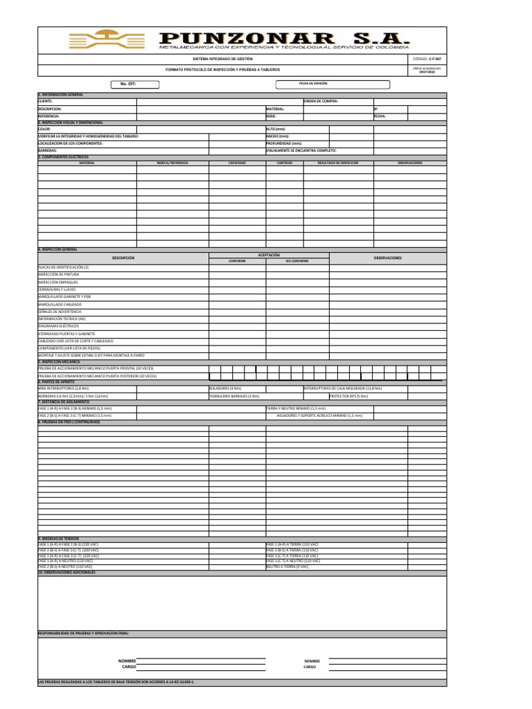 Formato Protocolo de Inspección y Pruebas A Tableros | PDF