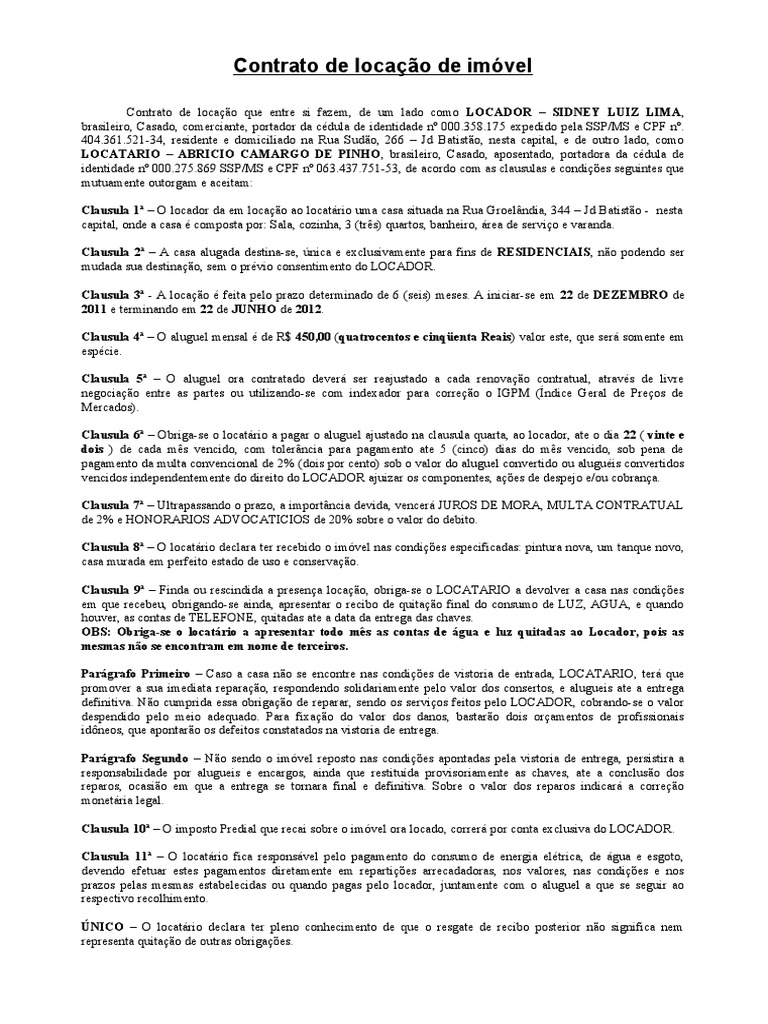 Contrato De Locação De Imóvel Fins Residenciais Pdf Aluguel