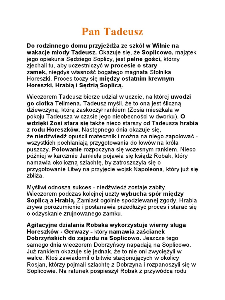 Pan Tadeusz - Streszczenie | PDF